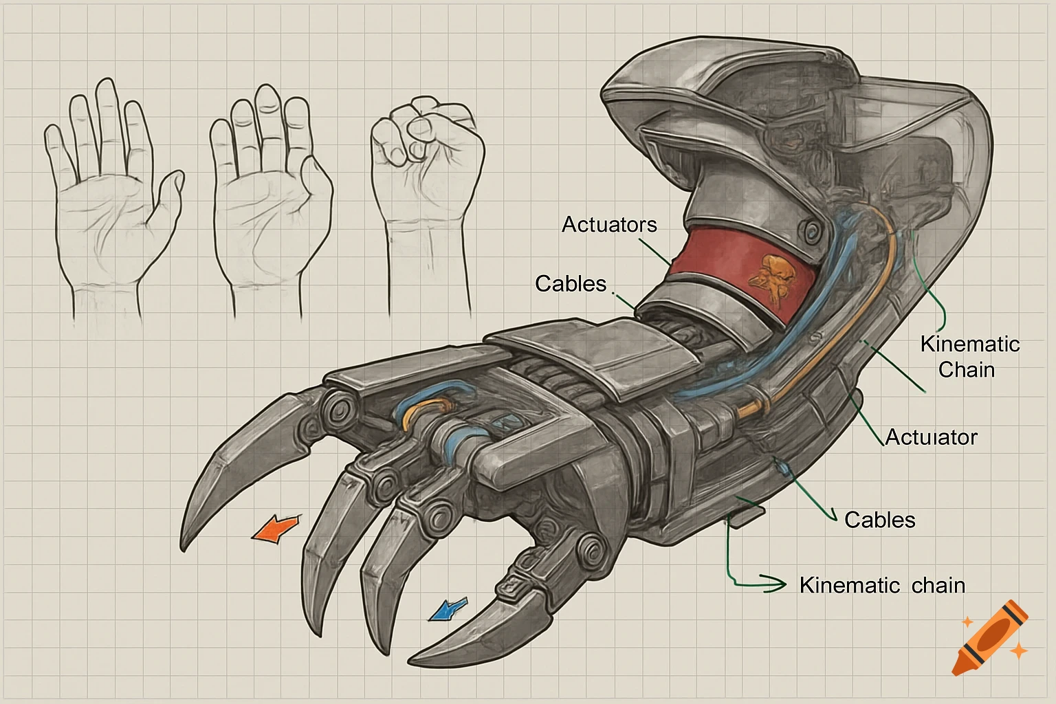 Technical illustration of a grimdark power-claw gauntlet with internal ...