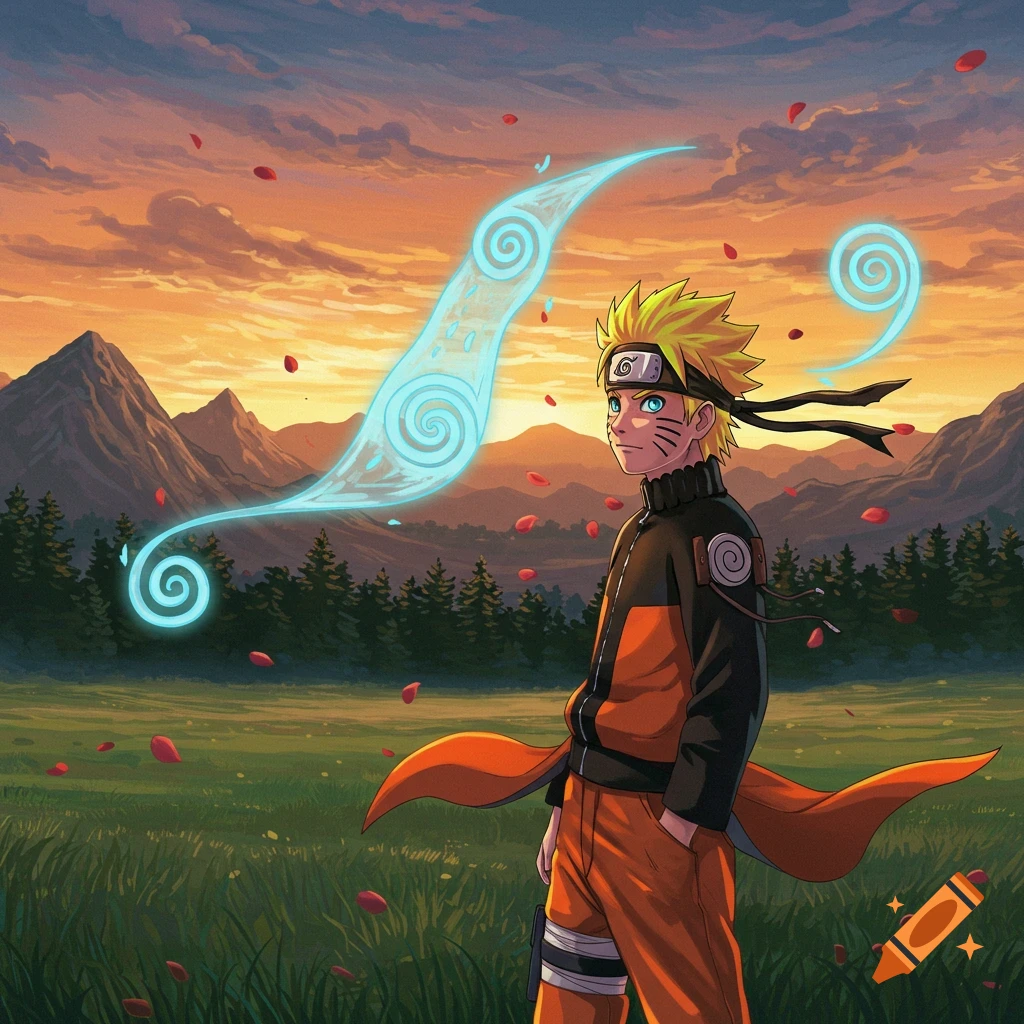 Anime character Naruto leaping with blue energy in a mountain forest at ...