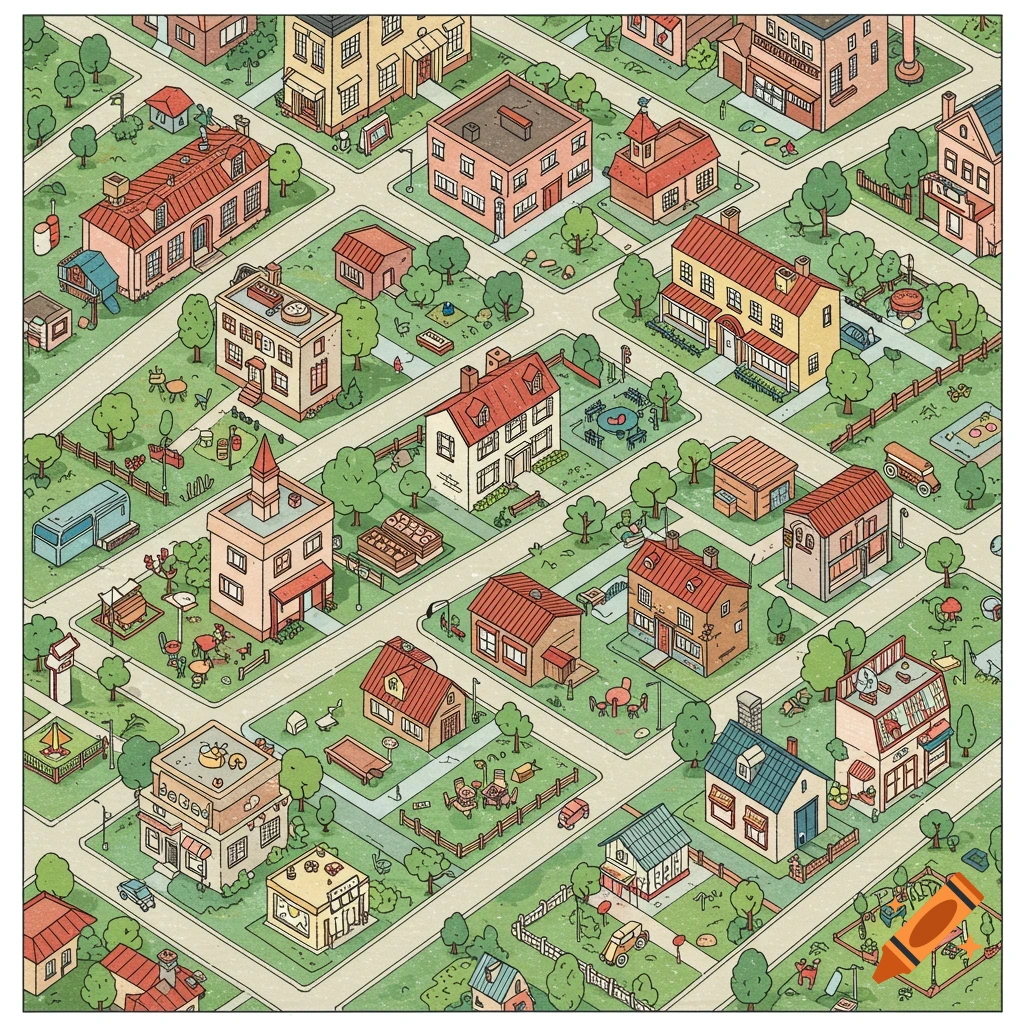 A cute, illustrated isometric city map with various buildings like a ...