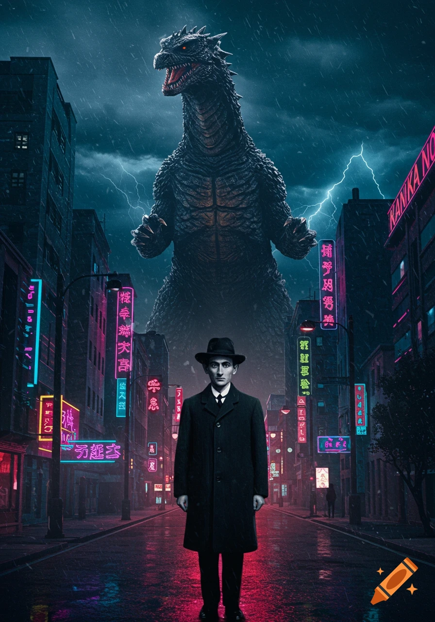 A painting of Godzilla towering over a busy cobblestone street at night ...