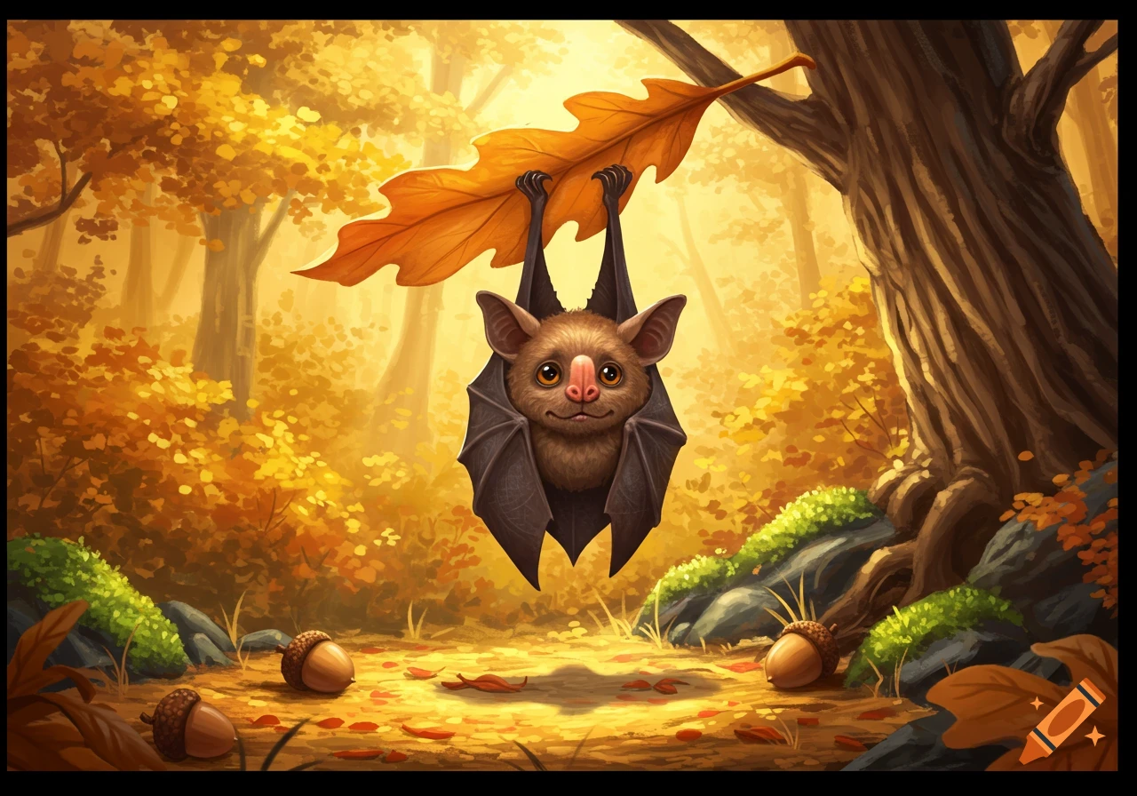 A cute cartoon bat with a smushed pink nose hangs upside down from an ...