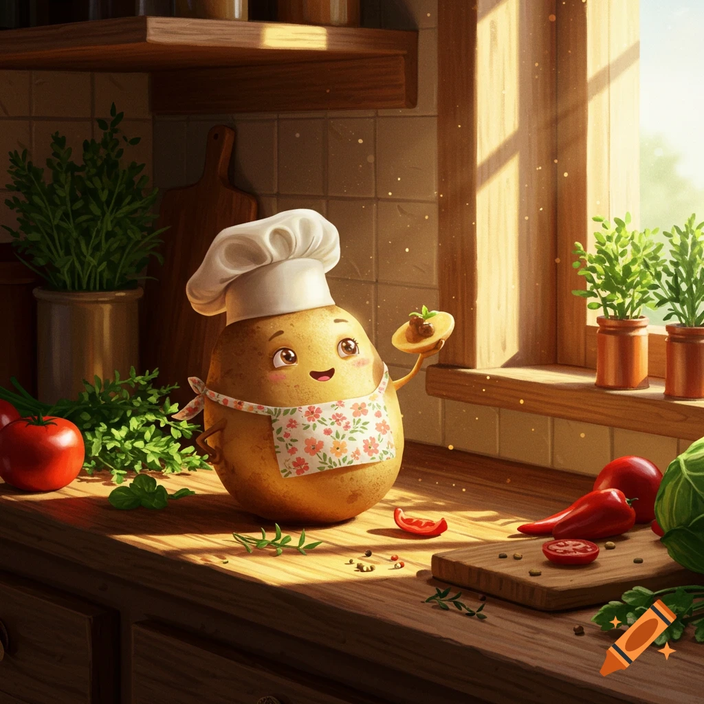 Ice Bear from We Bare Bears chopping red vegetables and cucumbers on a cutting board in a modern ...