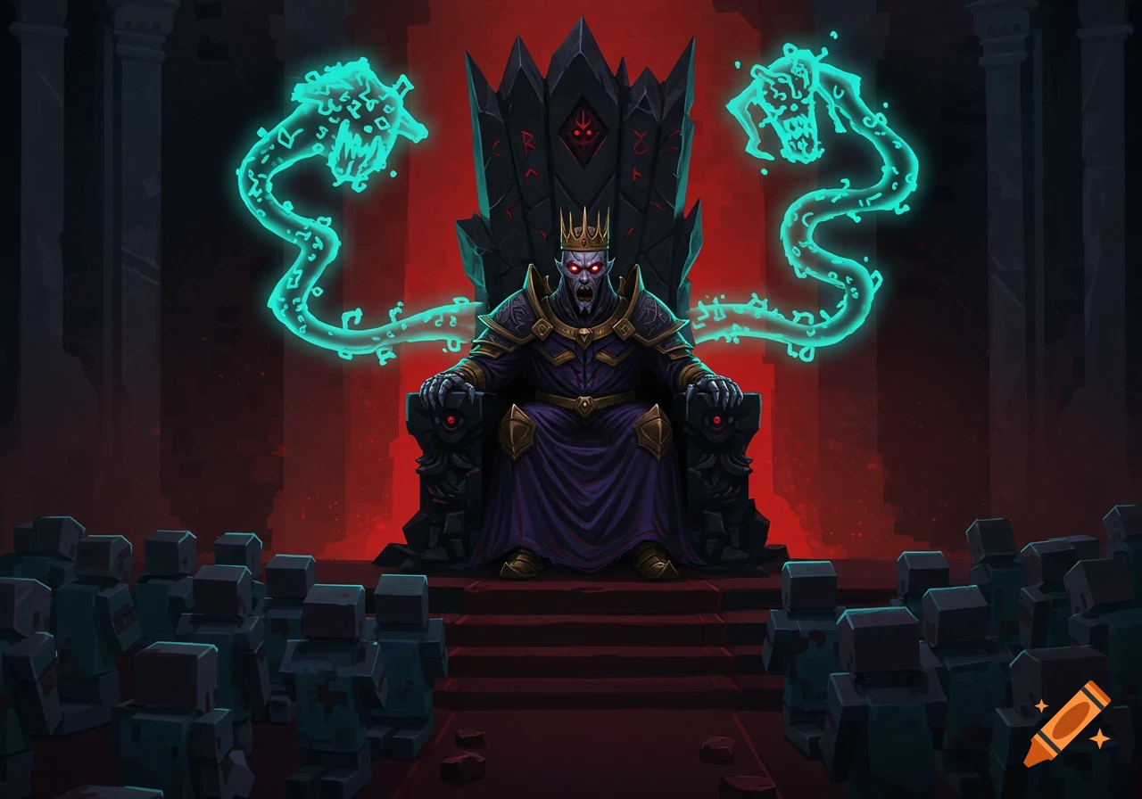 A dark king with glowing red eyes sits on a menacing throne, flanked by ...