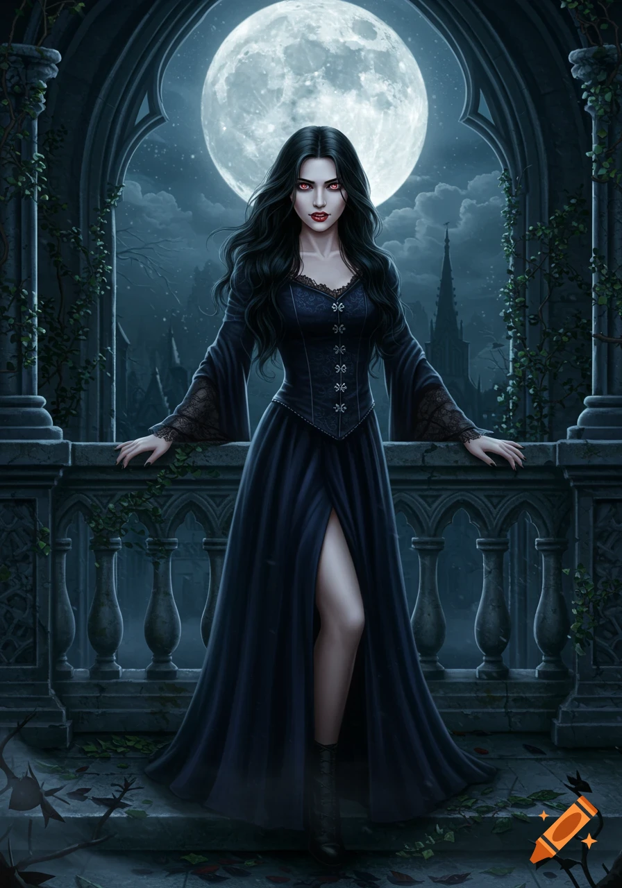 A stylized illustration of a vampire woman with long black hair and red ...