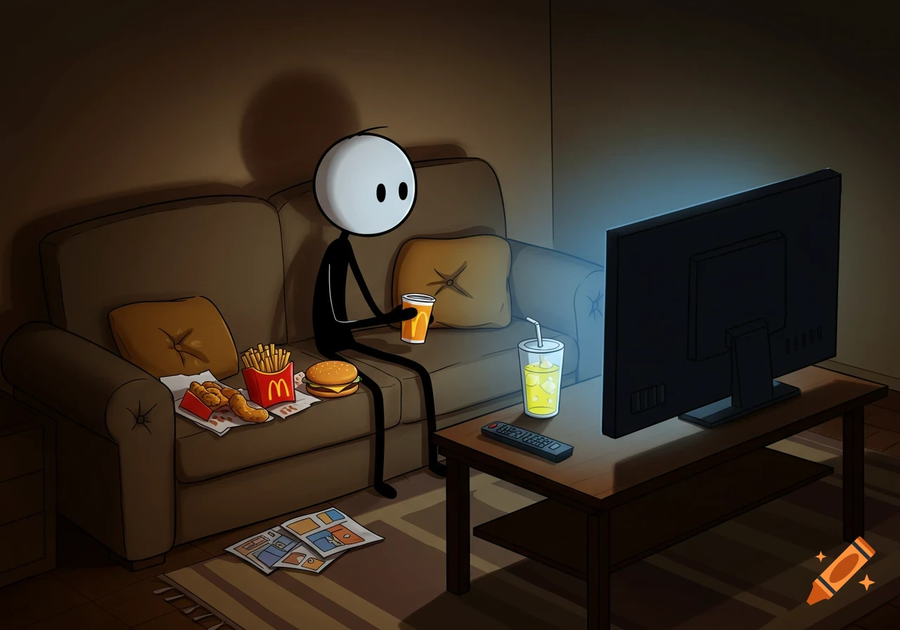 A stickman sits on a couch, eating McDonald's fast food and watching TV ...