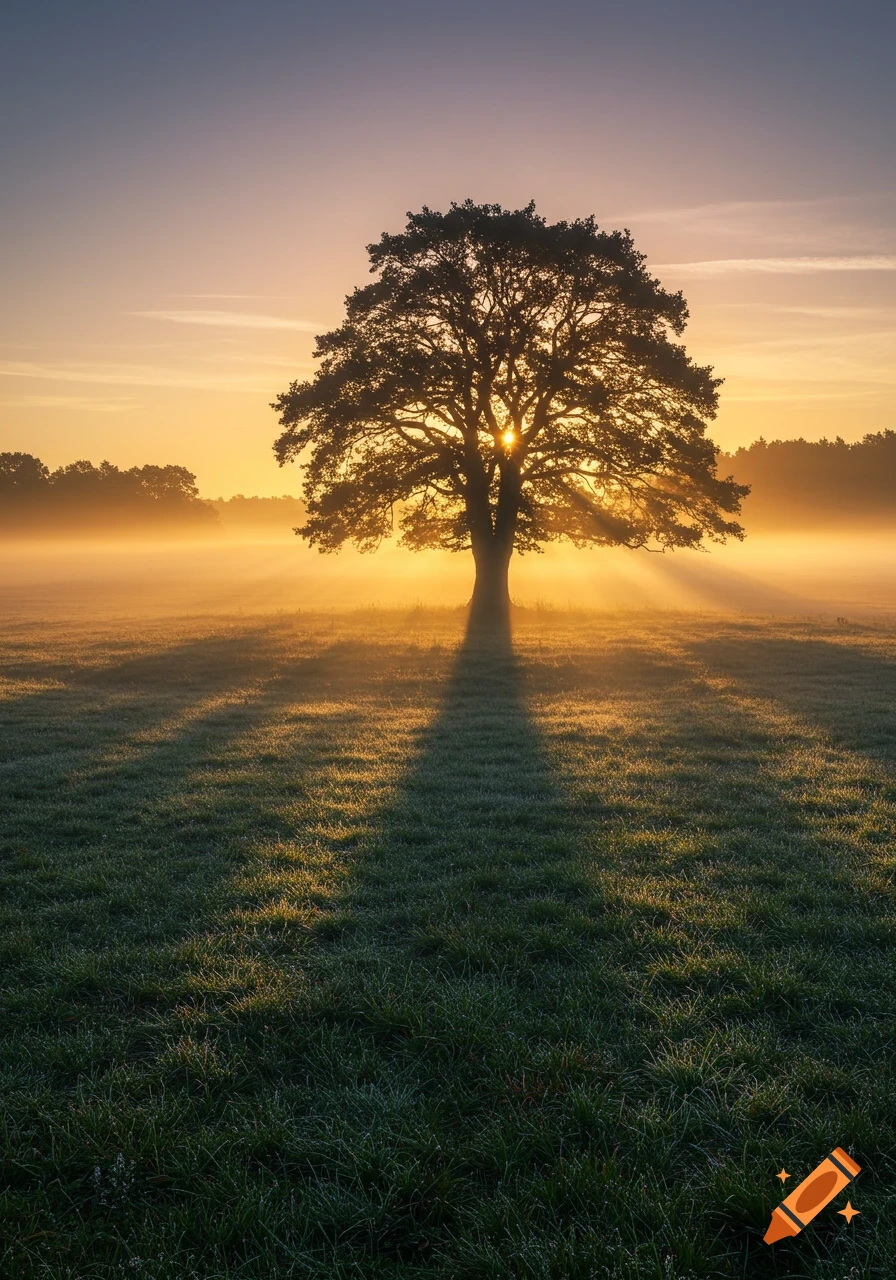 A large, ancient tree silhouetted against a golden sunrise in a misty ...