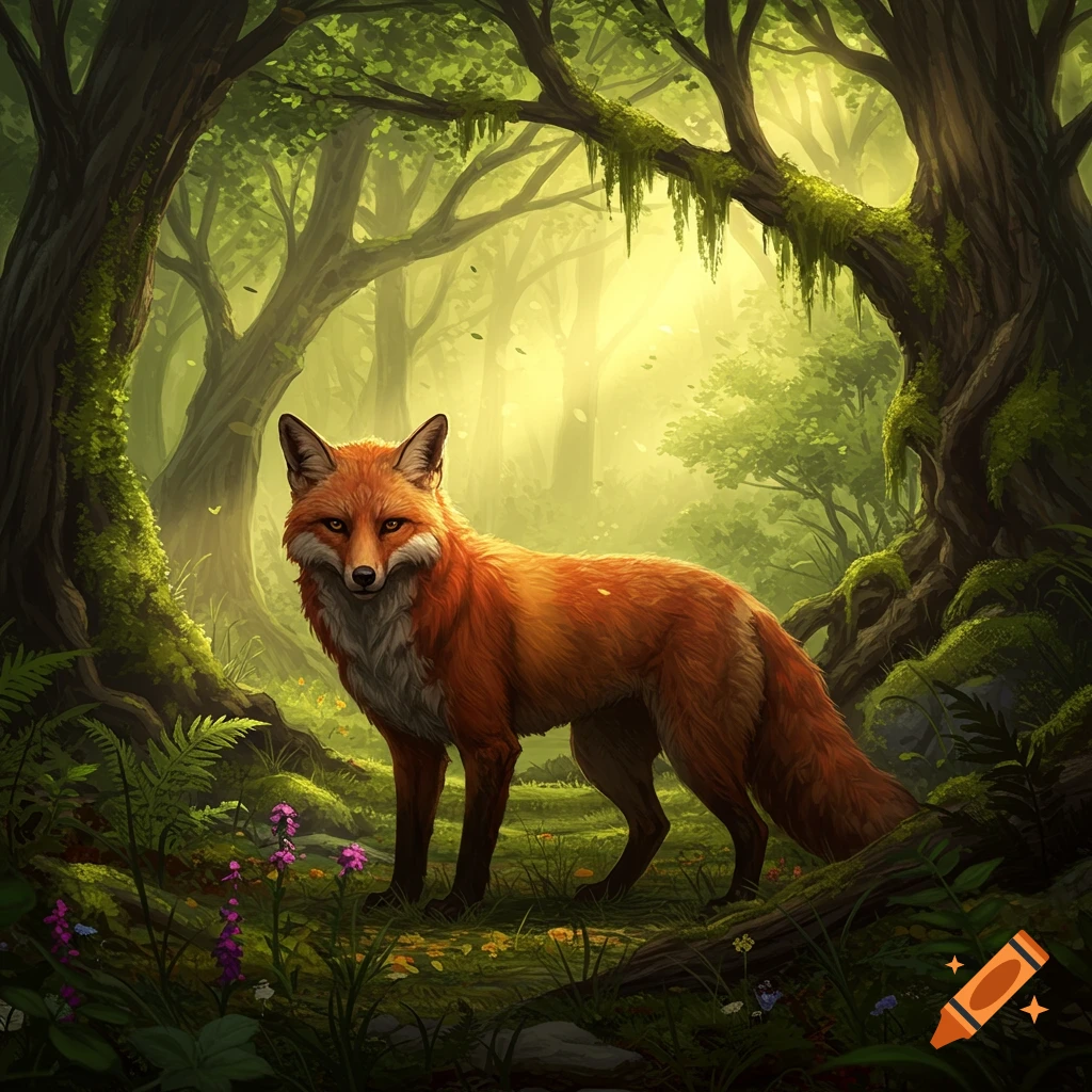 A small fox with a vibrant rainbow tail stands on a mossy forest path ...