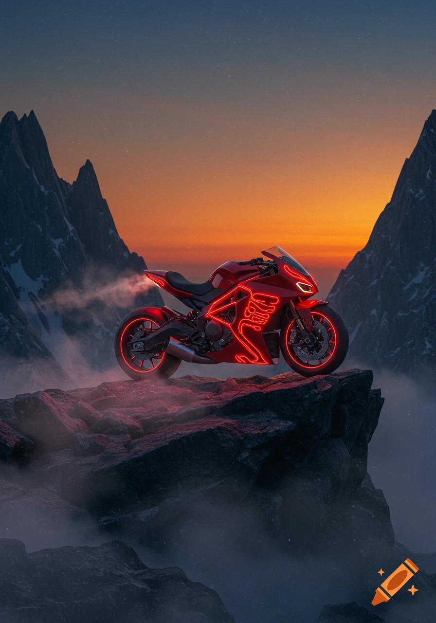 Motorcycle with a mountain backdrop on Craiyon