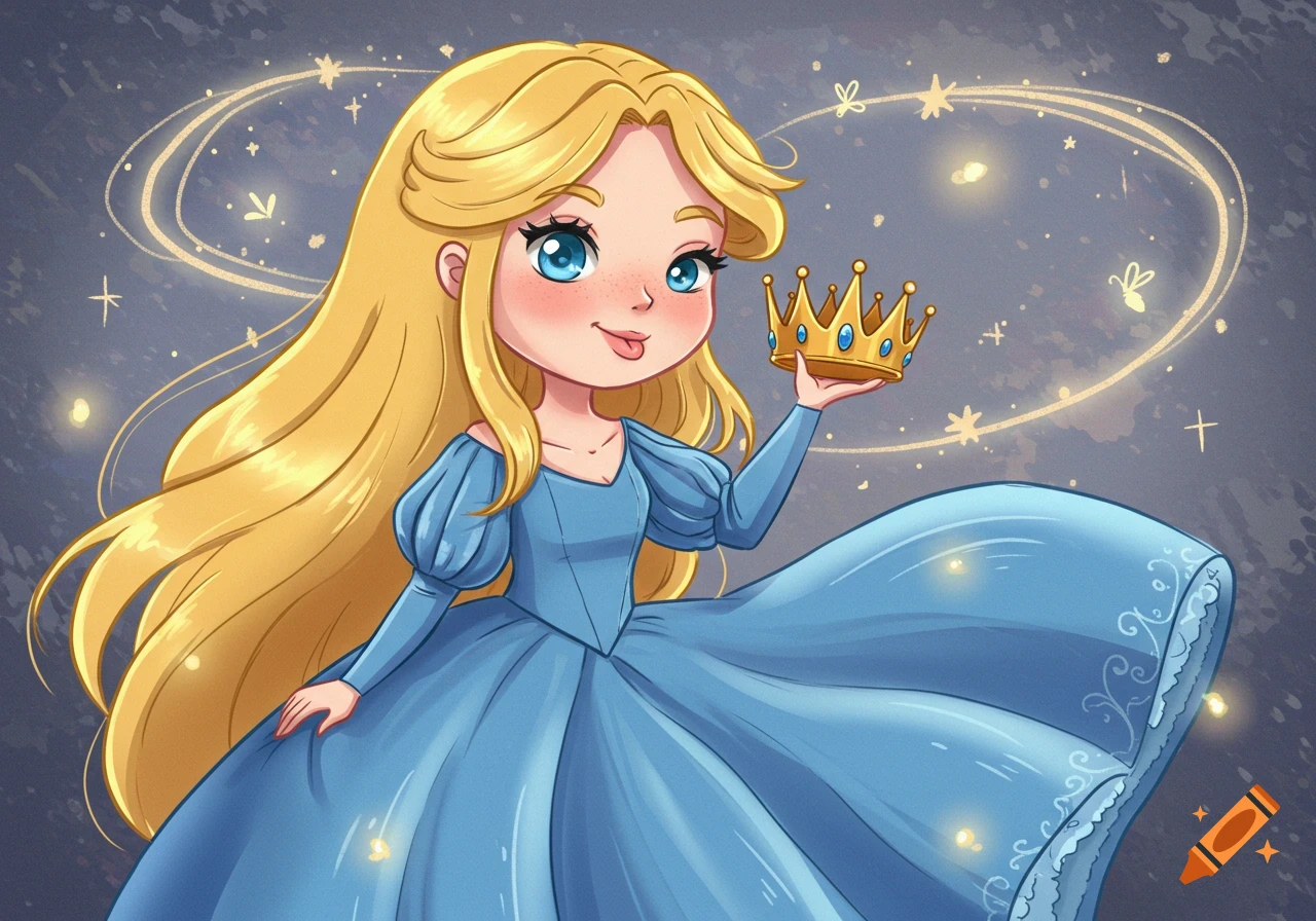 A cartoon princess with long red hair, sparkling eyes, a light blue ...