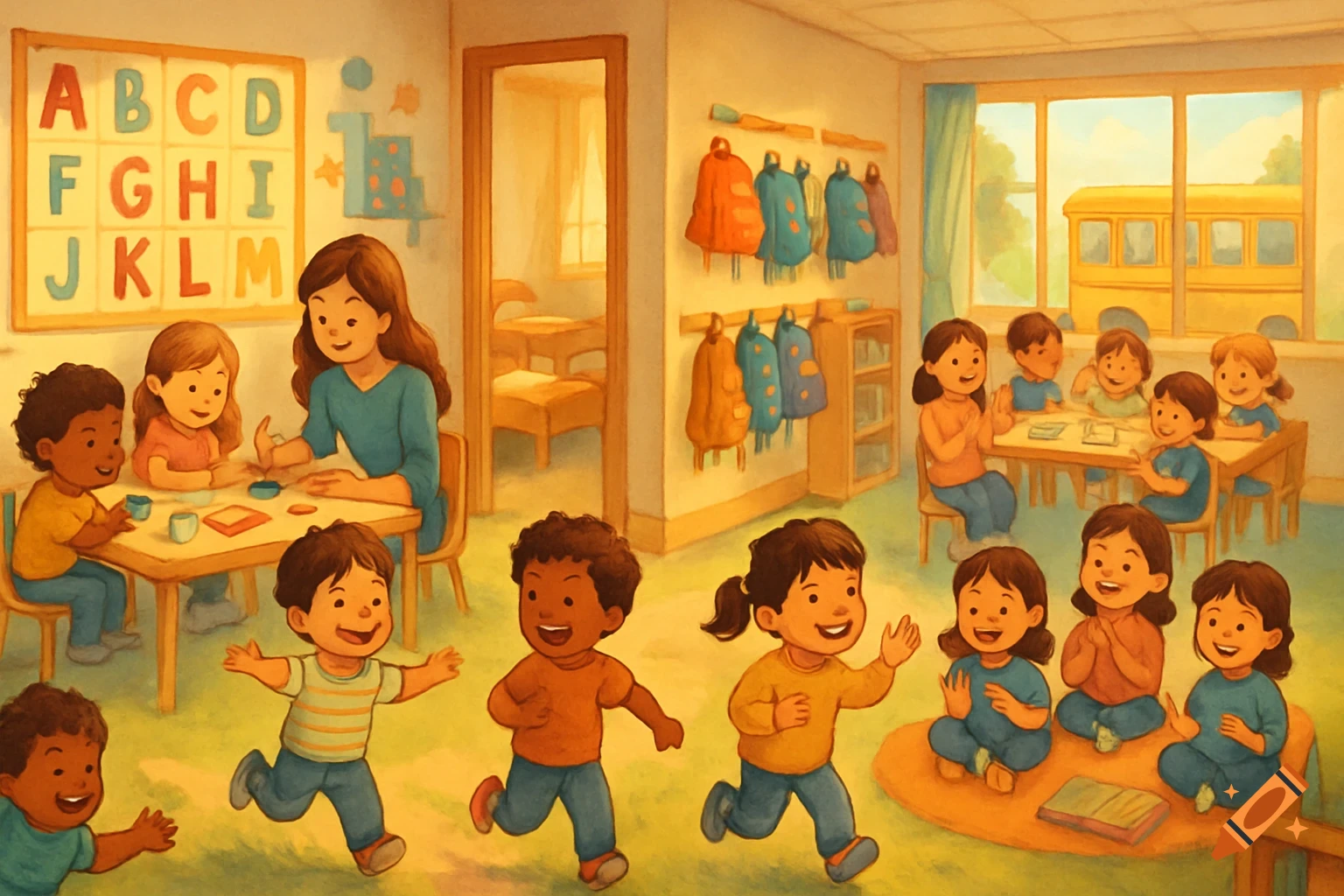 Colorful illustration of a joyful couple holding guinea pigs, surrounded by diverse children ...