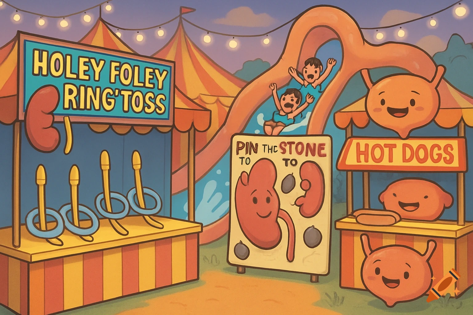 A playful cartoon carnival scene with urology-themed games: Holey Foley ...