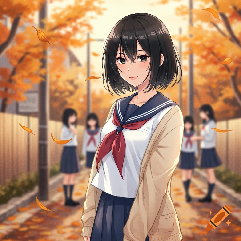 Anime illustration of a high school girl in a sailor uniform and ...