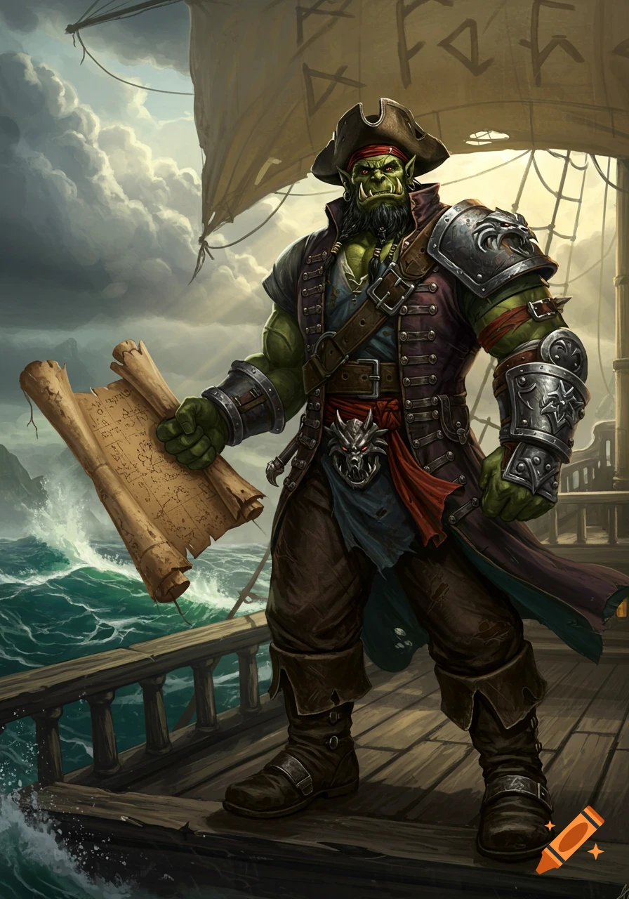 A fierce green-skinned orc pirate in a tricorn hat and leather coat ...