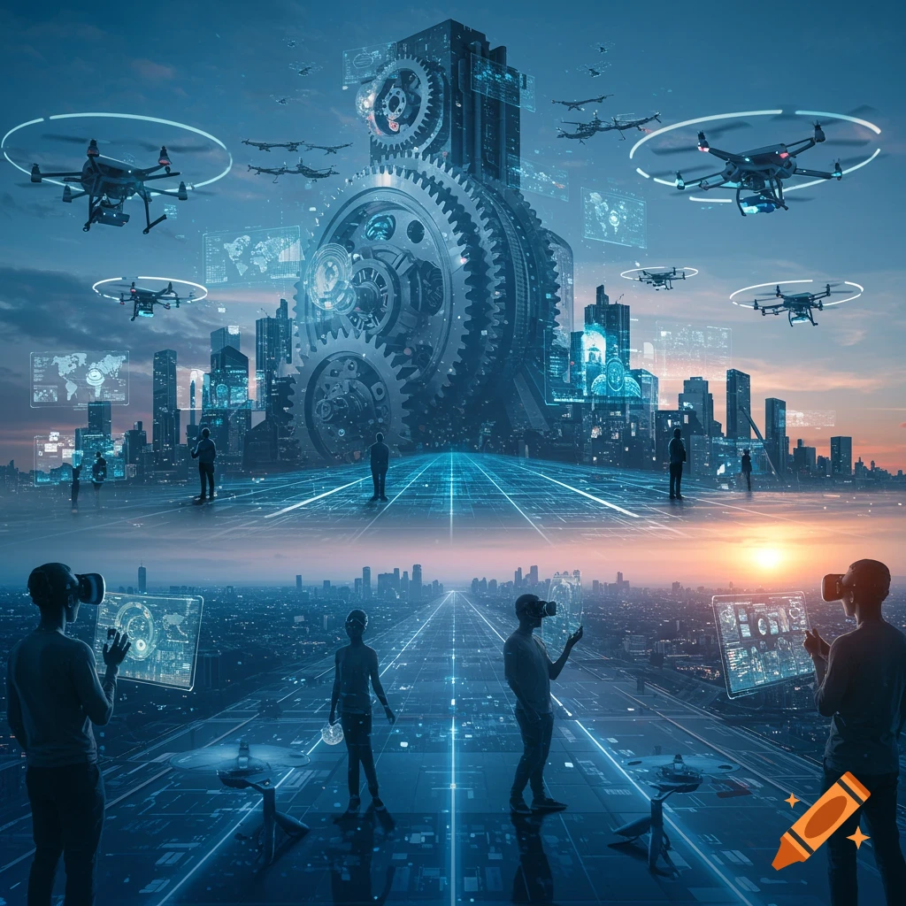 Futuristic cityscape with a massive gear structure, flying drones, and ...