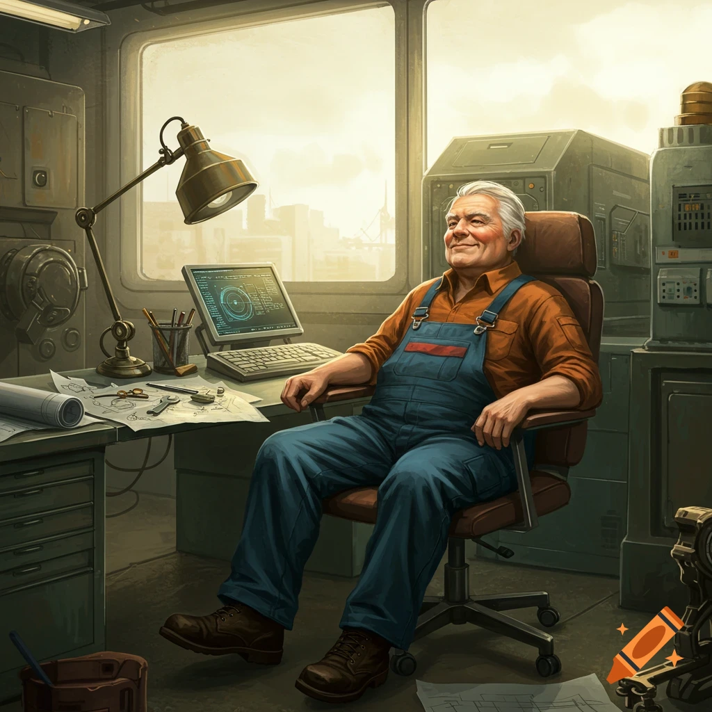 An illustration of a bustling repair cafe with a sign reading 'Caritas ...