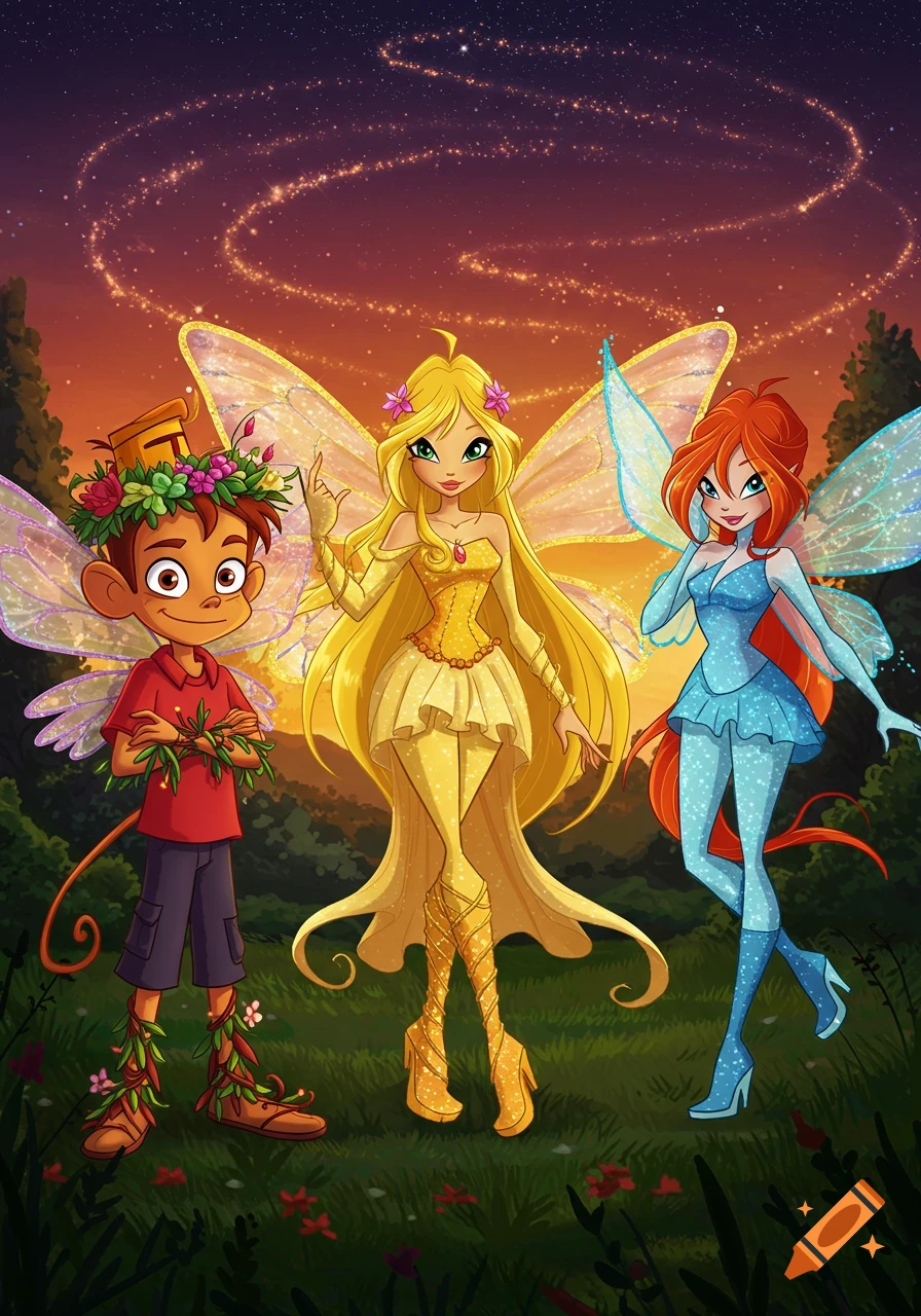 Animated image of six female fairy-like characters, four standing and ...