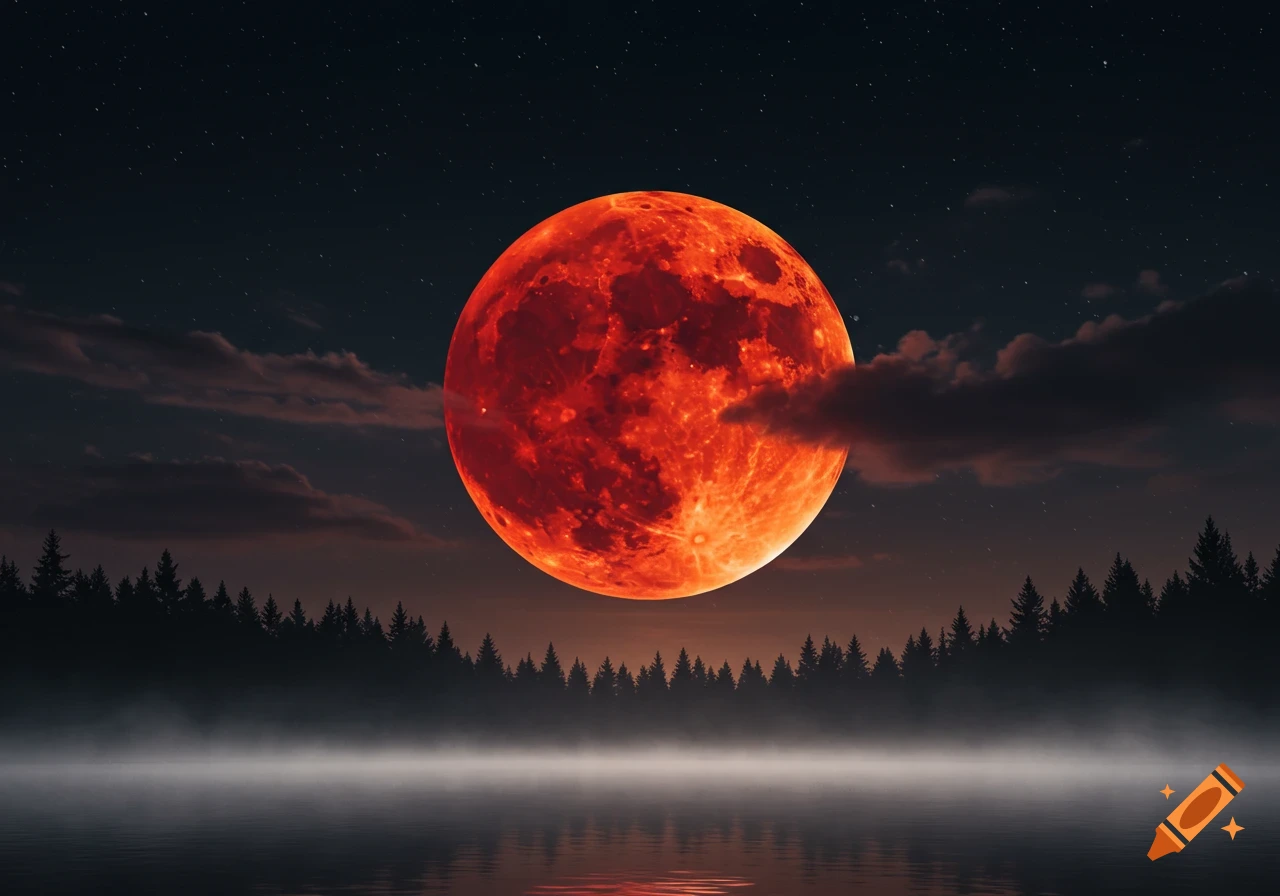 A hyperrealistic red blood moon with visible craters glows over a dark ...