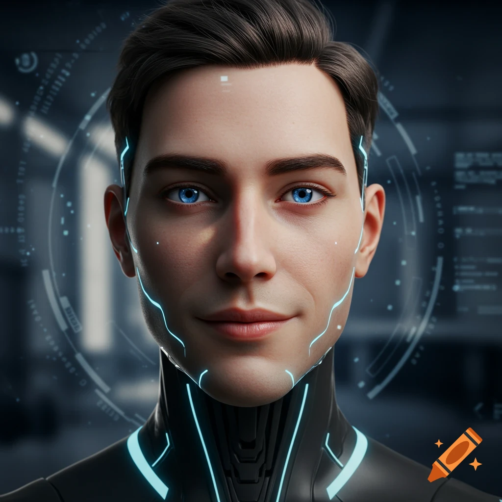 Close-up portrait of a handsome male AI persona with glowing blue eyes ...