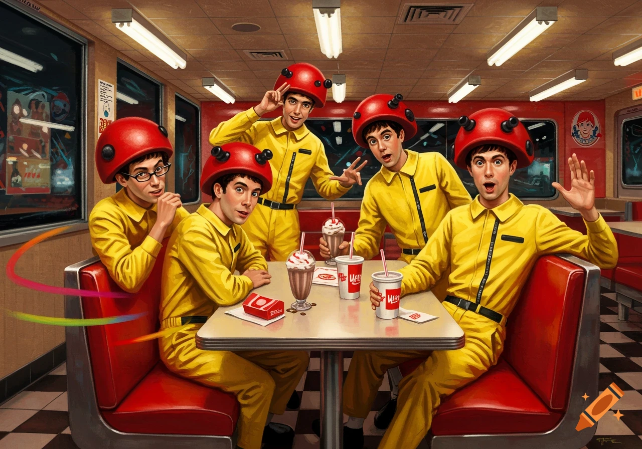 Five men in yellow jumpsuits and red dome hats, resembling Devo, sit at ...
