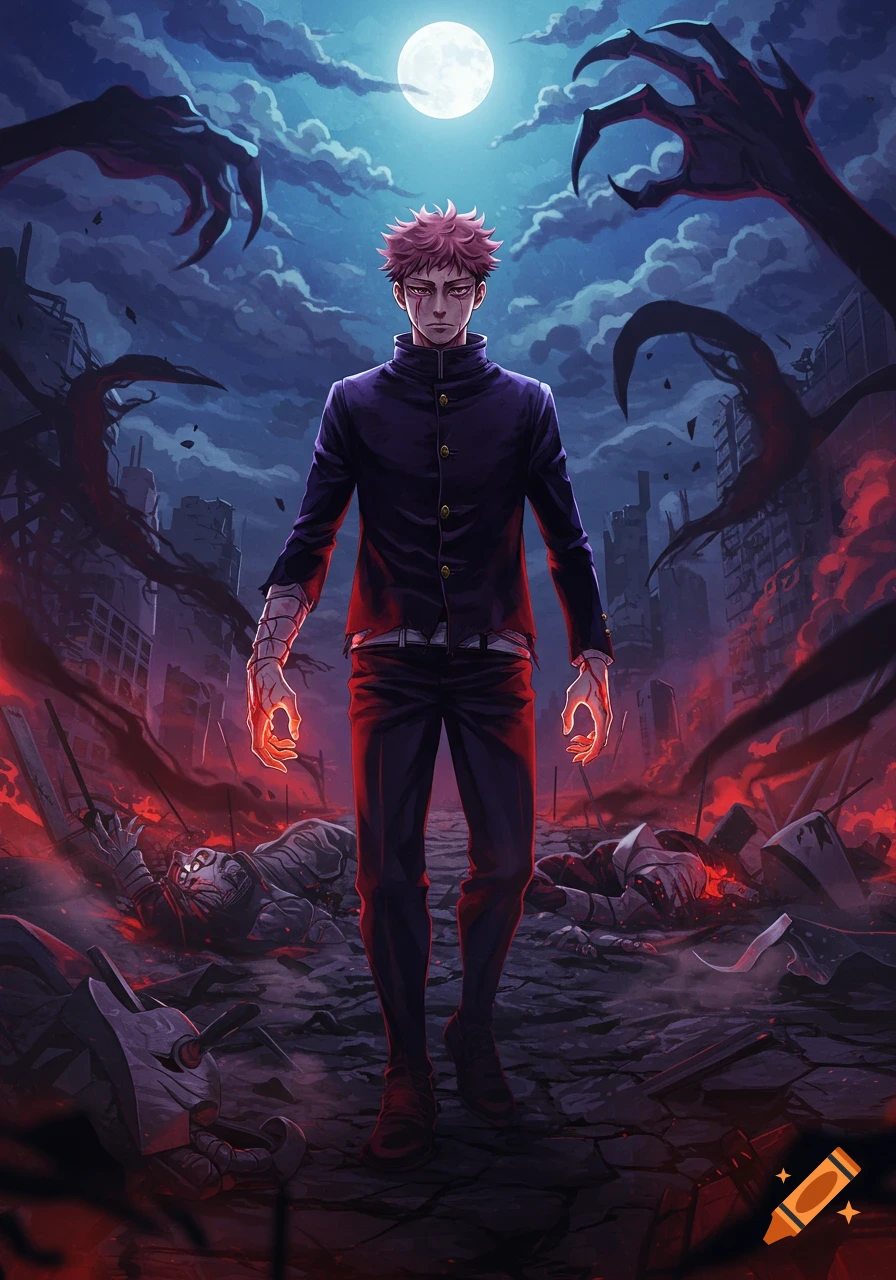 Anime illustration of Yuji Itadori in a fighting stance, surrounded by ...