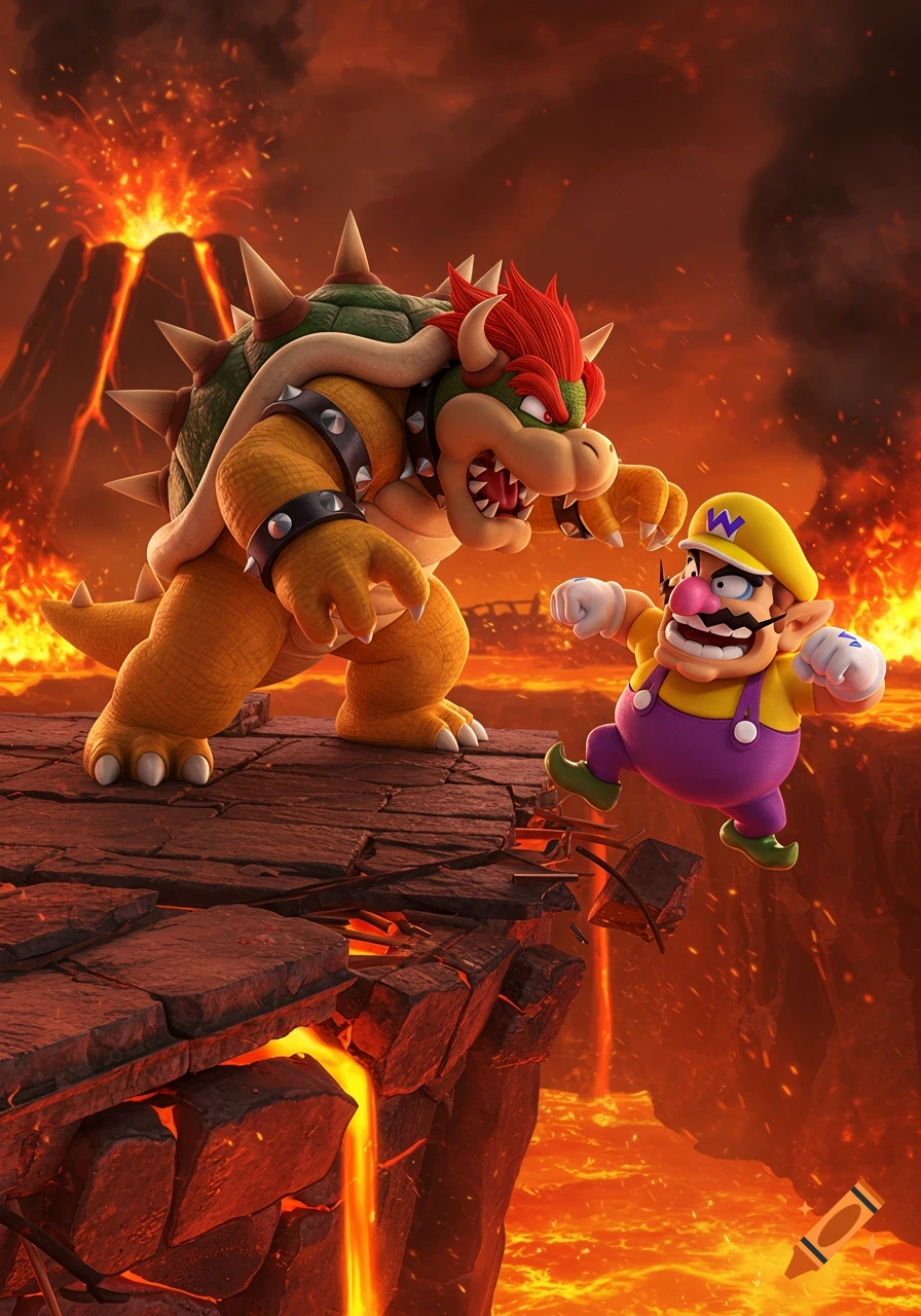 A fierce Bowser stands on a cracked lava field with erupting volcanoes ...