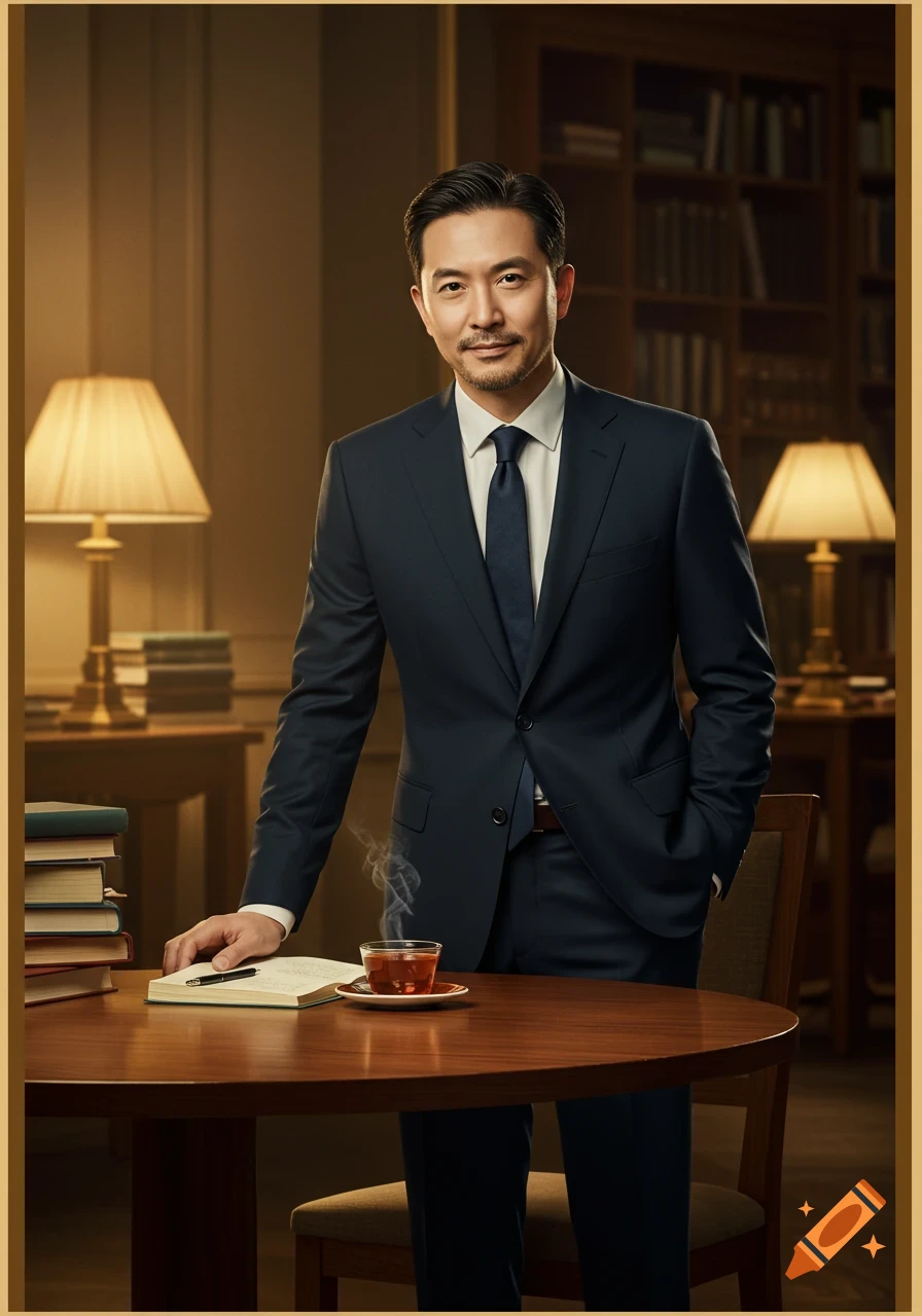 A distinguished man in a dark suit stands beside a wooden table with ...