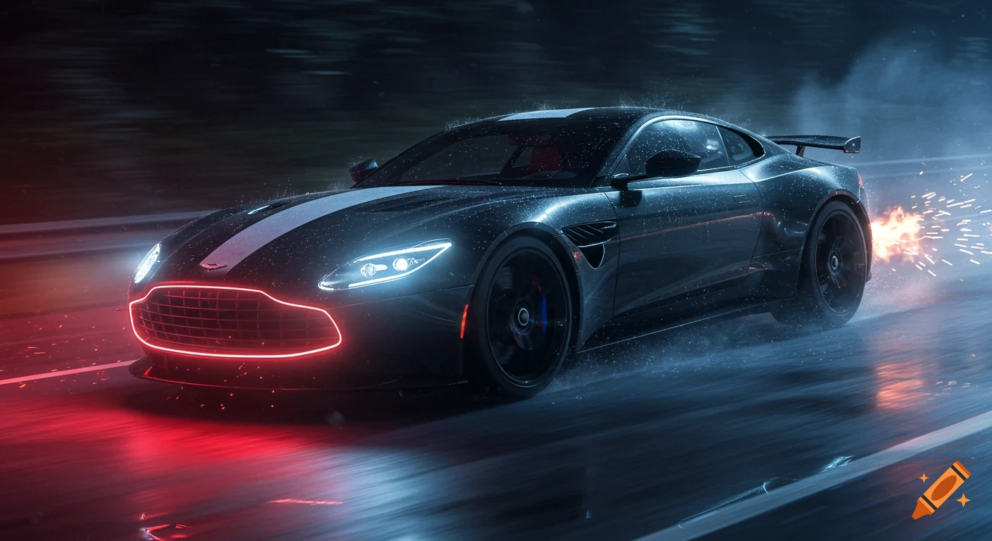 A black Aston Martin sports car speeds on a wet road at night ...
