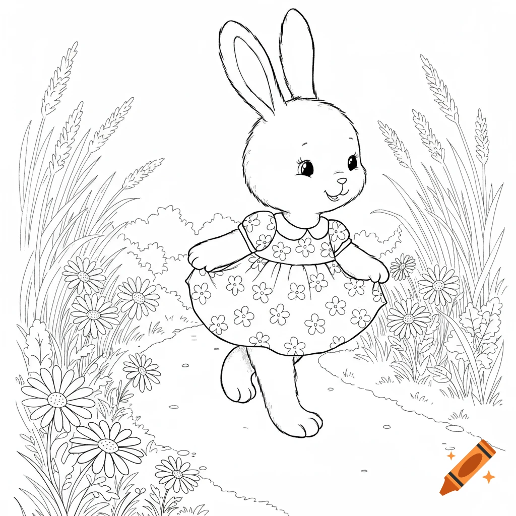 A black and white coloring book illustration of a cute rabbit in a ...