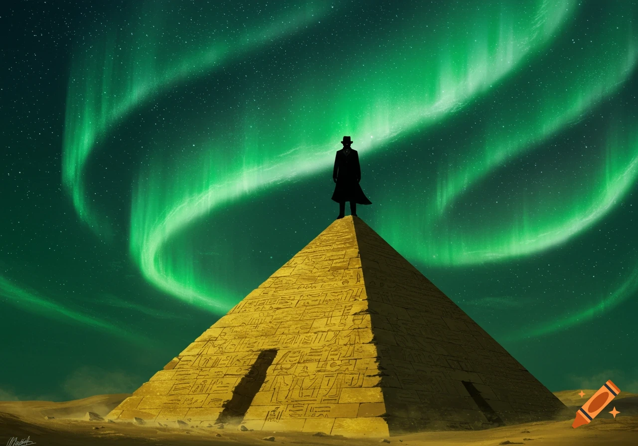 A silhouetted man in a top hat stands atop an ancient Egyptian pyramid ...