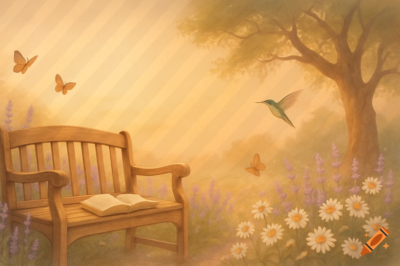 A vibrant illustration of a rainy meadow with colorful wildflowers, a ...