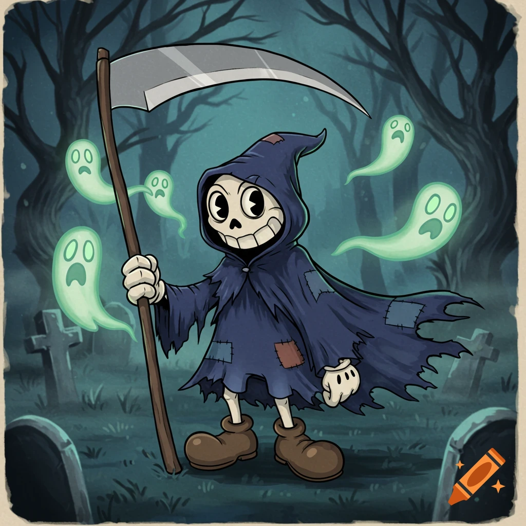 A retro cartoon grim reaper holding a scythe, surrounded by glowing ...