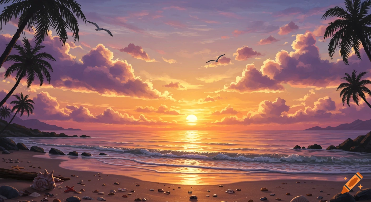 A vibrant anime-style sunset over the ocean with pink and purple clouds ...