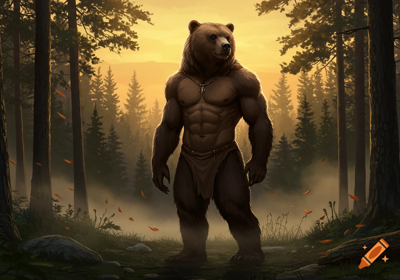 A muscular dog-ape chimera stands on rocks in a mountain forest at ...