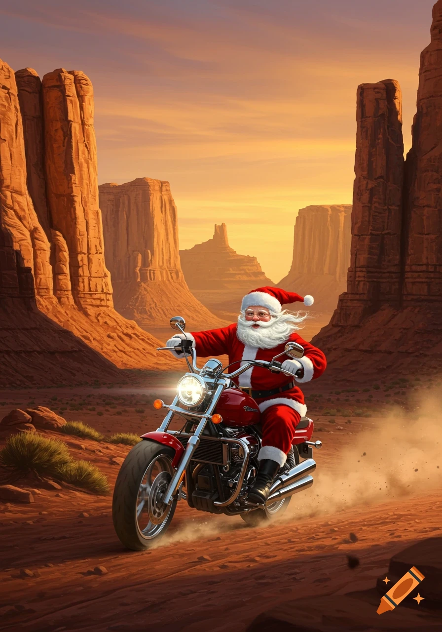 Santa Claus in a red suit riding a red motorcycle through a desert ...