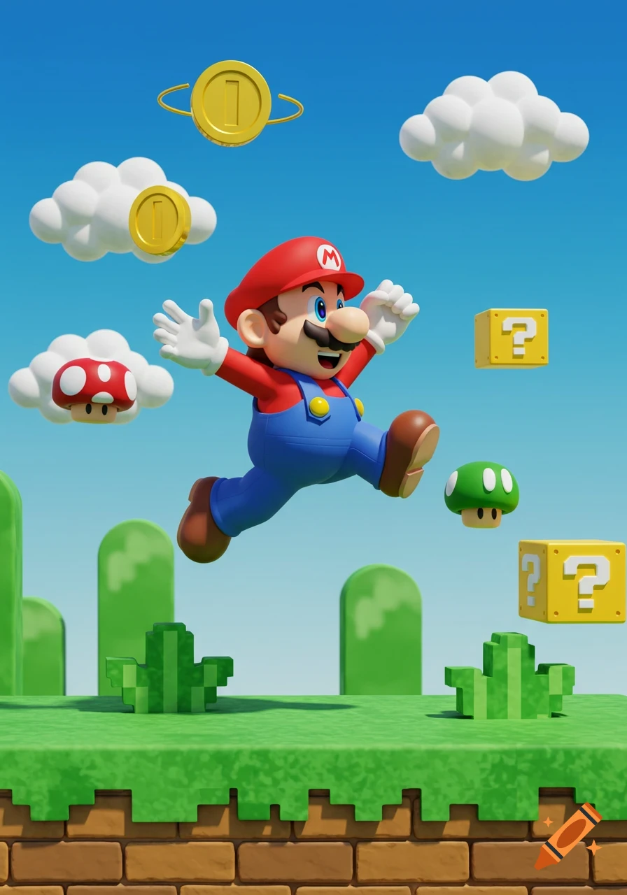 3D render of Mario jumping mid-air in a vibrant Super Mario Bros. level ...