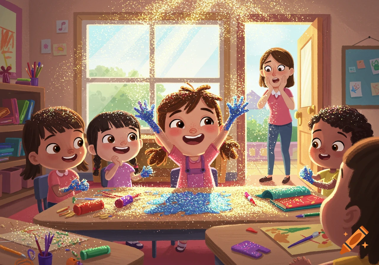 Cartoon illustration of a cheerful preschool classroom where children ...