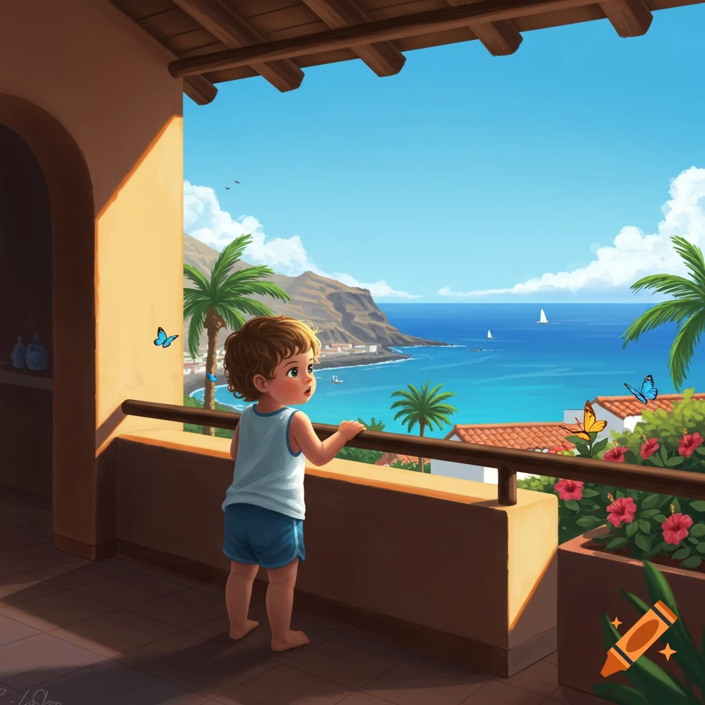 Watercolor painting of a meerkat with a backpack looking over a coastal ...