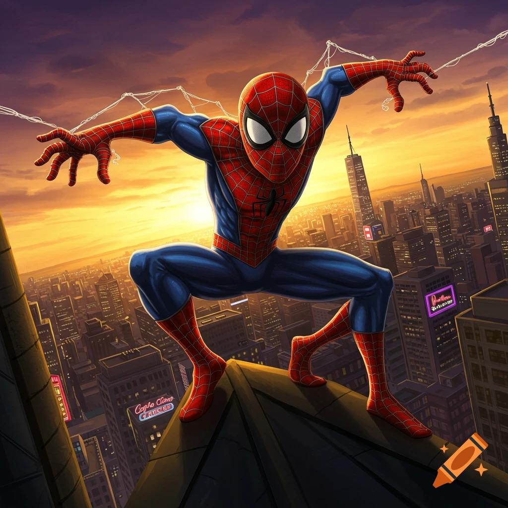 Spider-Man crouches on a city rooftop at night, overlooking illuminated ...