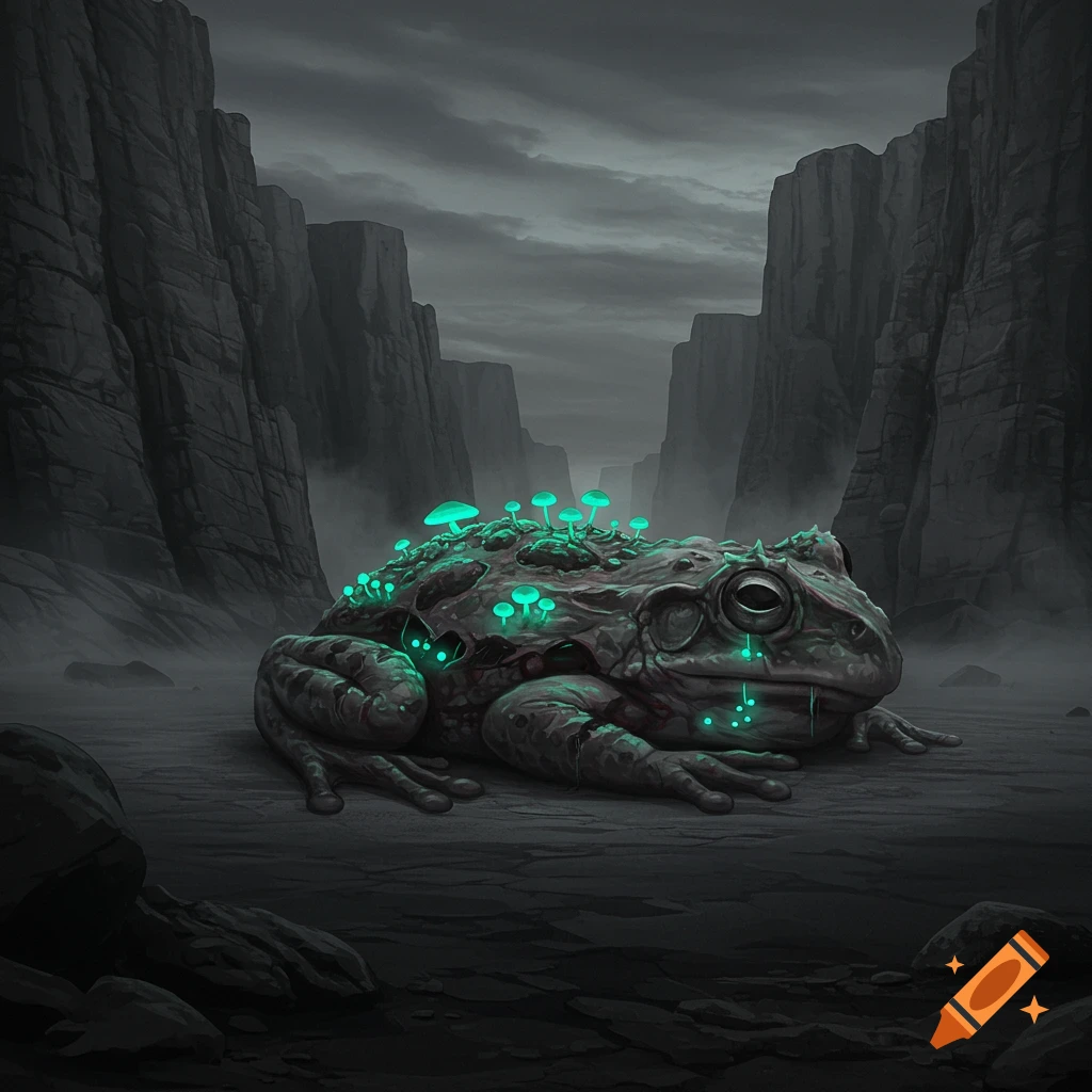 A large, warty frog covered in glowing green mushrooms and ...