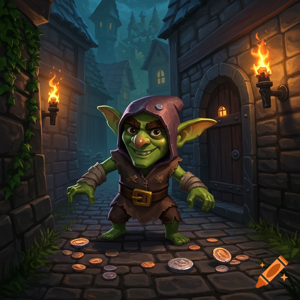 A mischievous green goblin in a brown hooded tunic stands in a dark ...