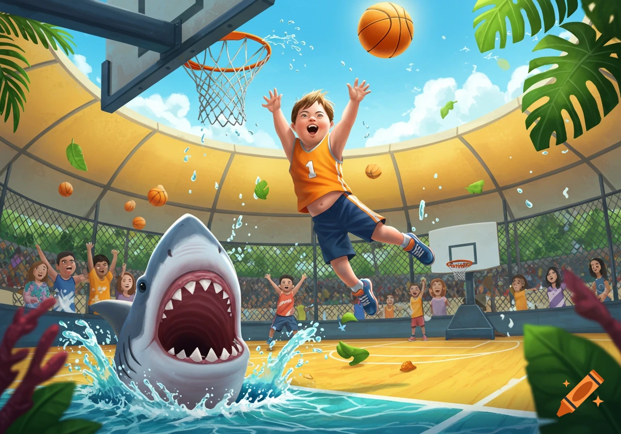 Humorous illustration of a flaming salmon dunking a basketball on Craiyon