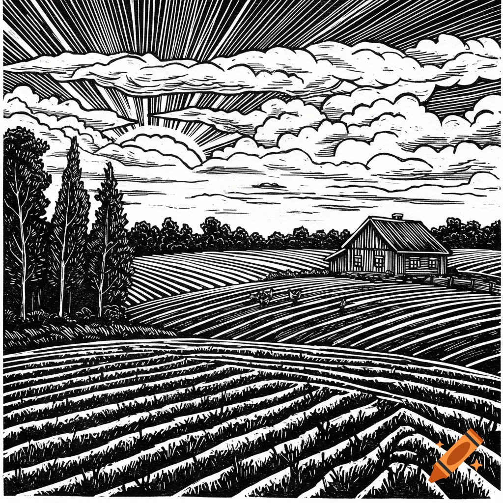 Black-and-white woodcut of a rural landscape with rolling fields, a ...