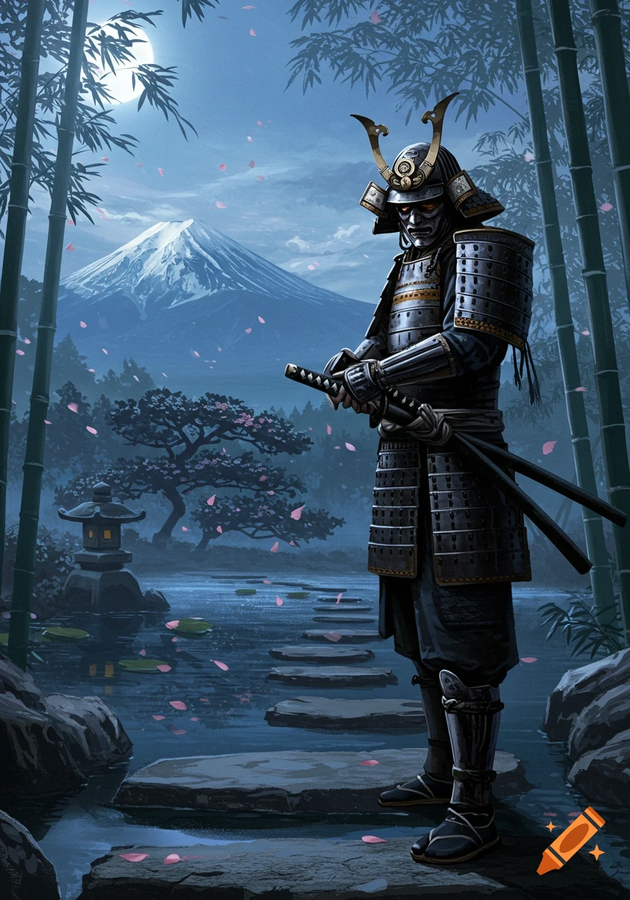 A stylized ninja samurai in black and red armor crouches on a wooden ...