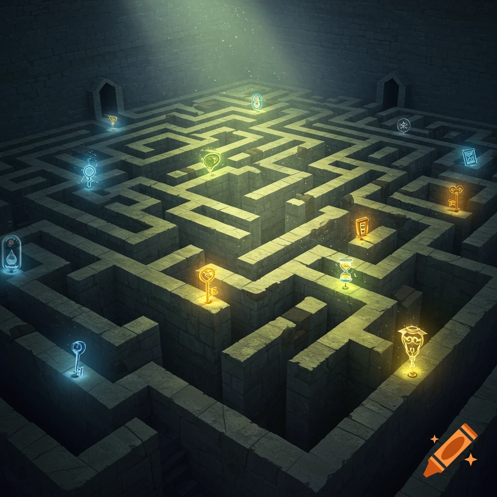 A dimly lit stone maze with glowing blue, yellow, and orange symbolic ...