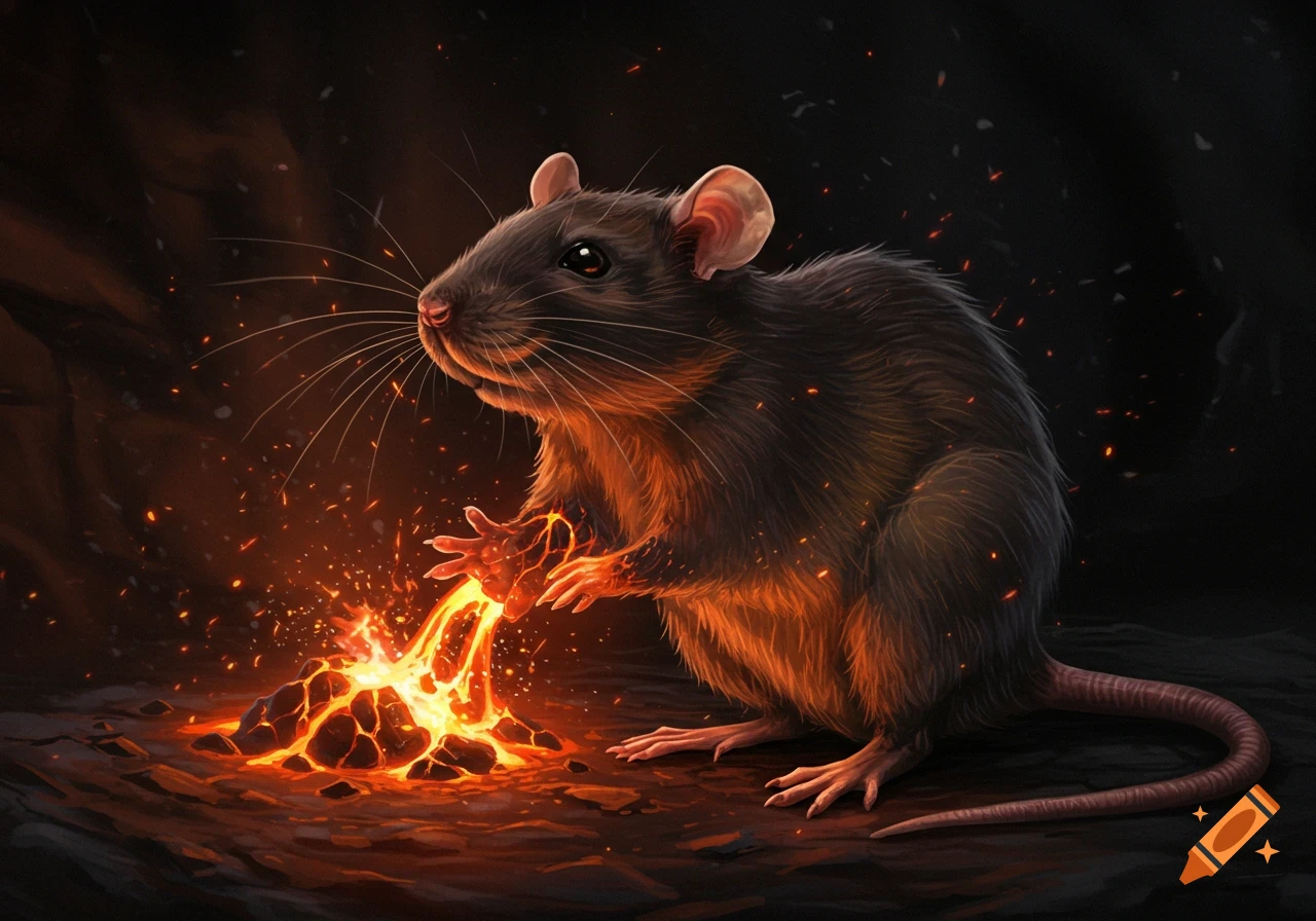 A digital painting of a rat with glowing, fiery paws creating lava, set ...