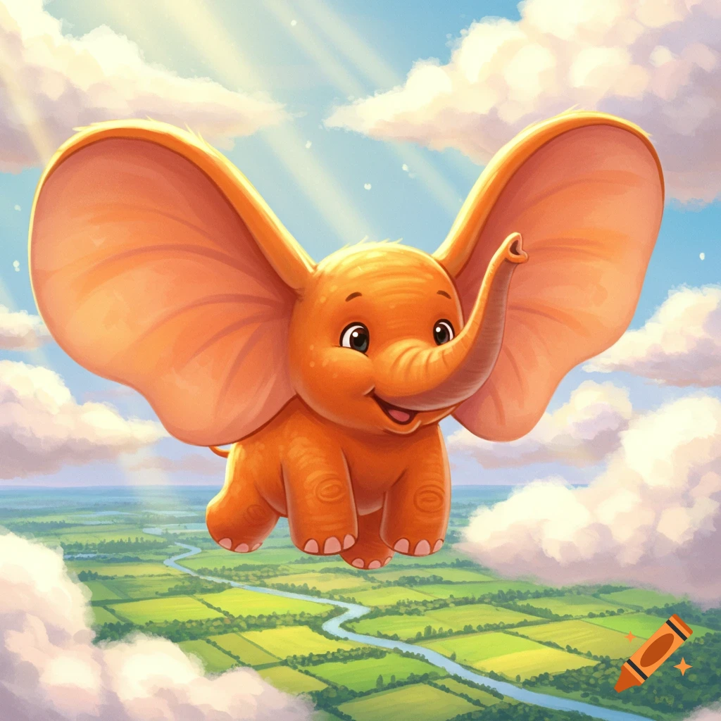 A cheerful cartoon baby elephant with very large ears flies through a ...