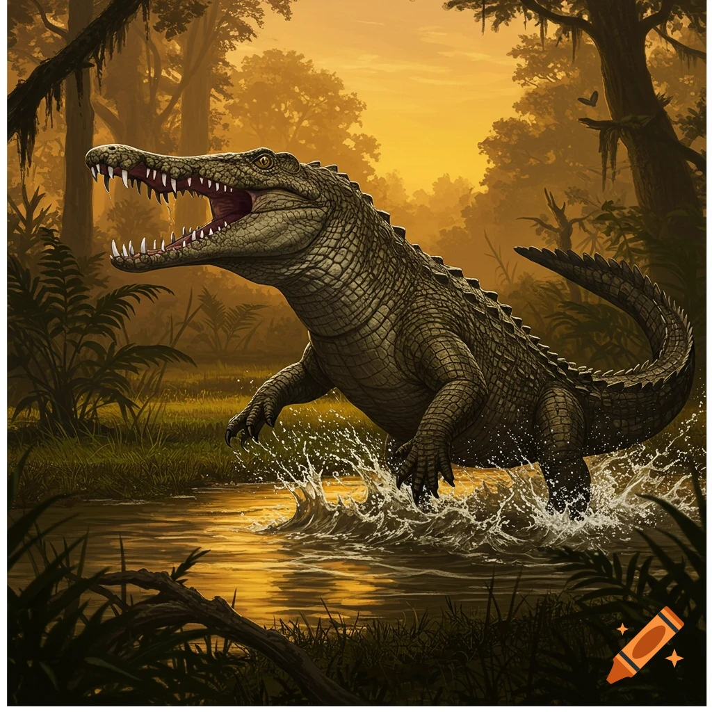 A detailed painting of a frog on a log in a swamp watching two bulls ...