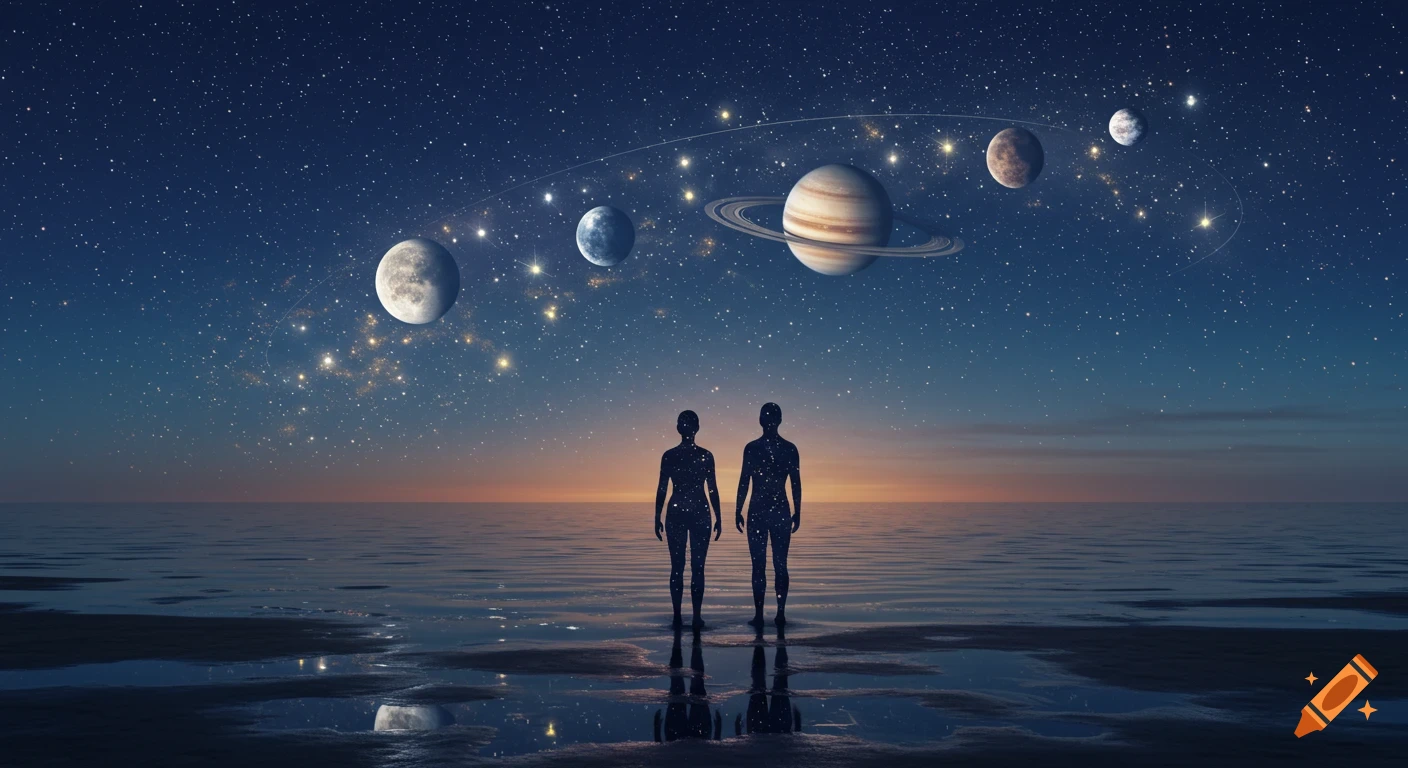 Two shirtless men row a canoe through clouds in the sky during a sunset ...