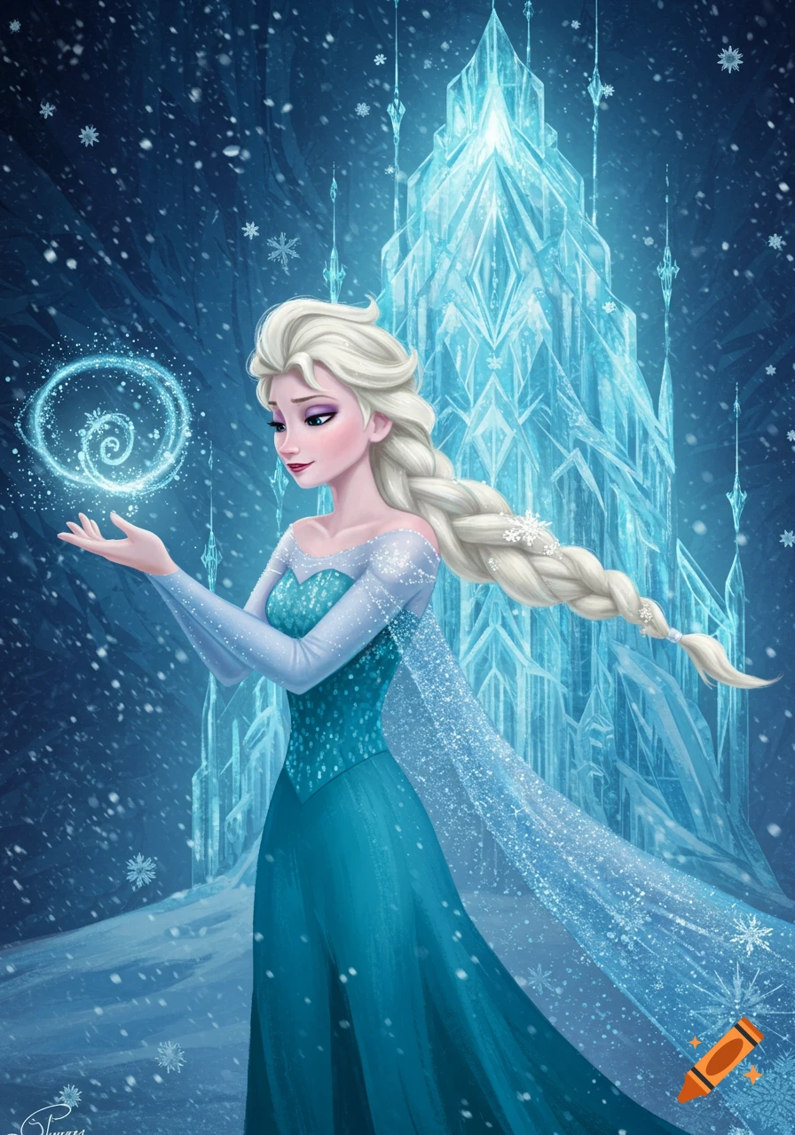 Anna, Elsa, Kristoff, Olaf, and two reindeer ice skate at night in a ...