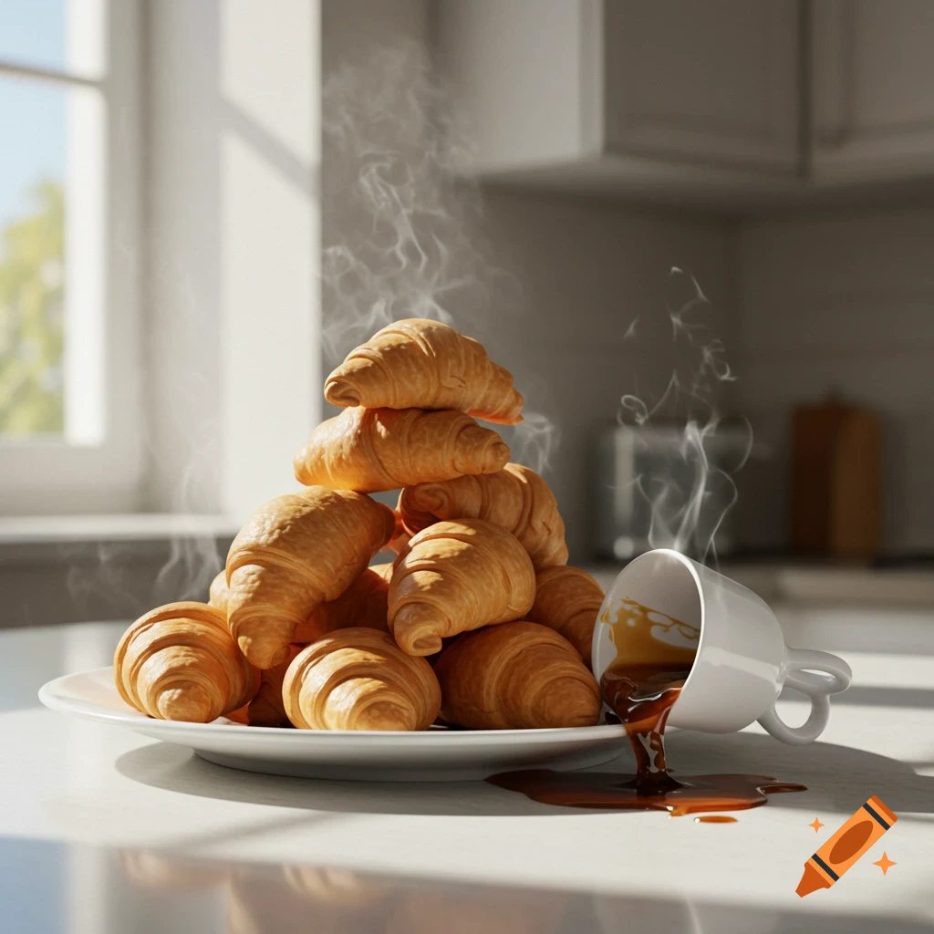 A warm, golden-brown bun on a floured wooden board, with a rolling pin ...